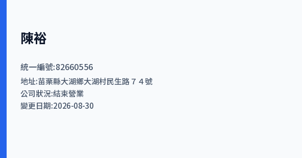 陳裕的照片-統編 82660556(苗栗縣) 公司登記資料與營業項目詳細圖表