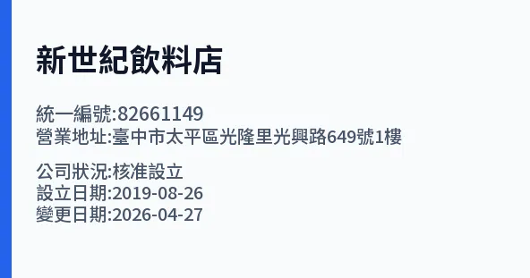 新世紀飲料店的照片-統編 82661149(臺中市) 公司登記資料與營業項目詳細圖表