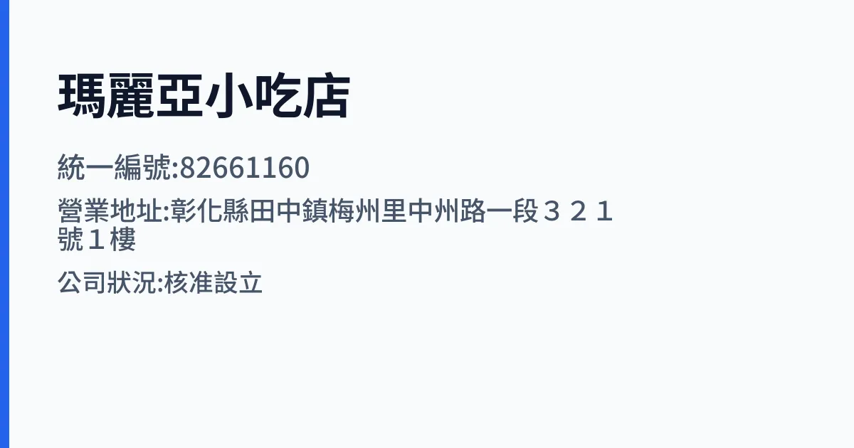 瑪麗亞小吃店 - 統編 82661160(彰化縣) 公司登記資料與營業項目詳細圖表