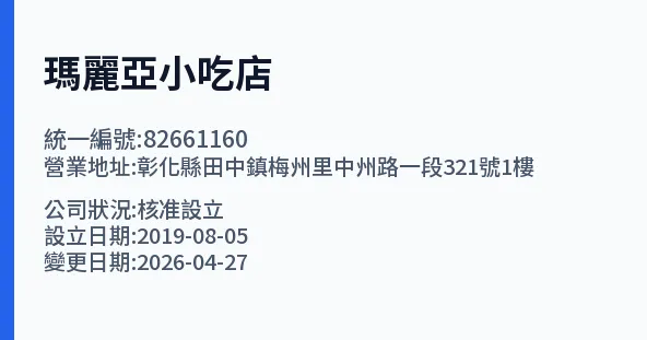 瑪麗亞小吃店的照片-統編 82661160(彰化縣) 公司登記資料與營業項目詳細圖表