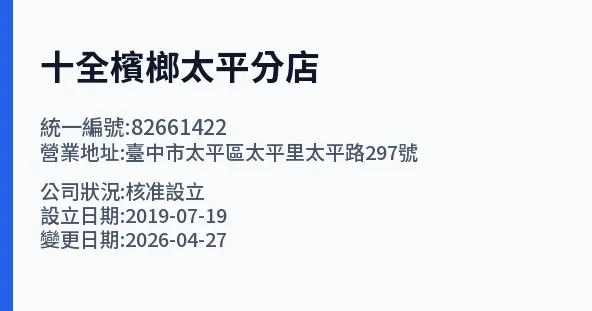 十全檳榔太平分店的照片-統編 82661422(臺中市) 公司登記資料與營業項目詳細圖表