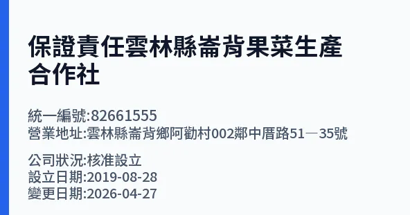 保證責任雲林縣崙背果菜生產合作社的照片-統編 82661555(雲林縣) 公司登記資料與營業項目詳細圖表