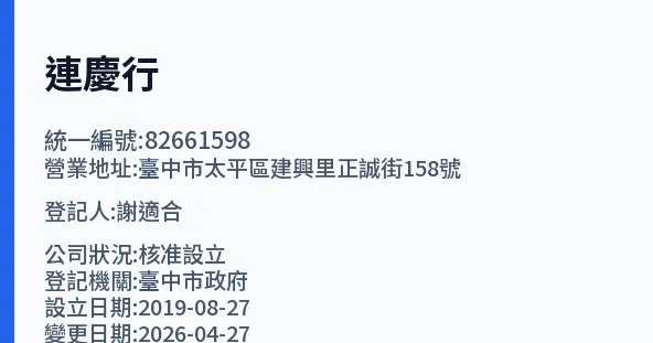 連慶行的照片-統編 82661598(臺中市) 公司登記資料與營業項目詳細圖表