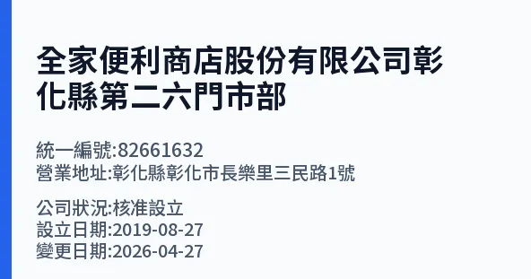 全家便利商店股份有限公司彰化縣第二六門市部的照片-統編 82661632(彰化縣) 公司登記資料與營業項目詳細圖表
