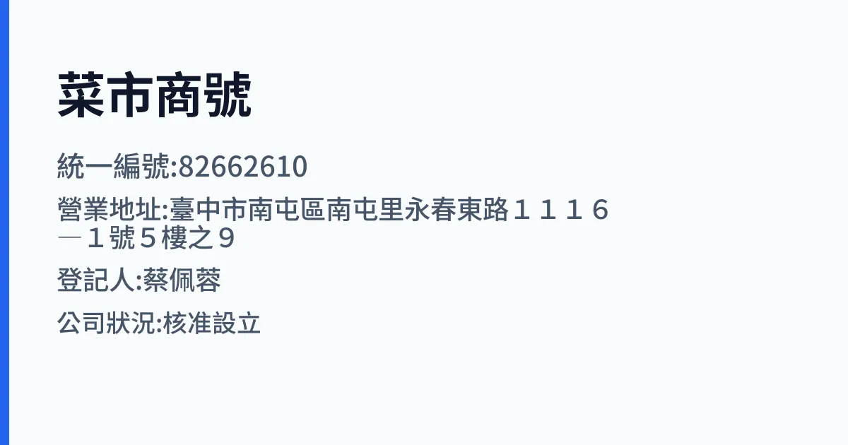 菜市商號 - 統編 82662610(臺中市) 公司登記資料與營業項目詳細圖表