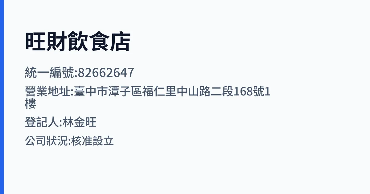 旺財飲食店 - 統編 82662647(臺中市) 公司登記資料與營業項目詳細圖表