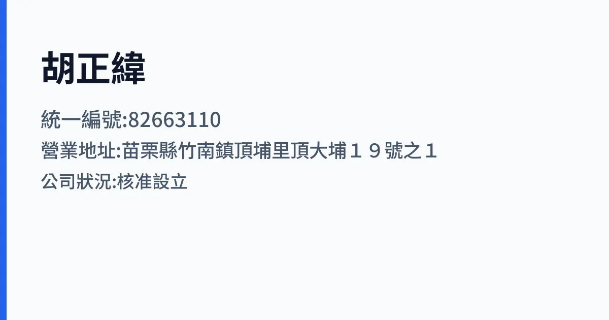 胡正緯 - 統編 82663110(苗栗縣) 公司登記資料與營業項目詳細圖表