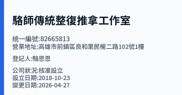 駱師傳統整復推拿工作室的照片-統編 82665813(高雄市) 公司登記資料與營業項目詳細圖表