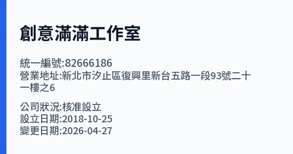 創意滿滿工作室的照片-統編 82666186(新北市) 公司登記資料與營業項目詳細圖表