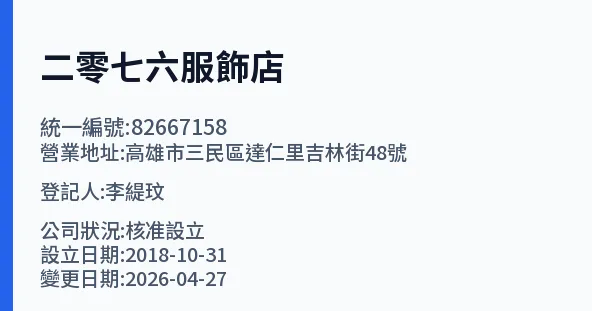 二零七六服飾店的照片-統編 82667158(高雄市) 公司登記資料與營業項目詳細圖表