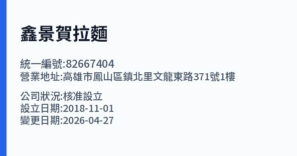 鑫景賀拉麵的照片-統編 82667404(高雄市) 公司登記資料與營業項目詳細圖表