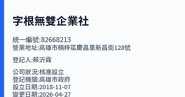 字根無雙企業社的照片-統編 82668213(高雄市) 公司登記資料與營業項目詳細圖表