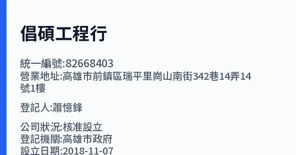 倡碩工程行的照片-統編 82668403(高雄市) 公司登記資料與營業項目詳細圖表
