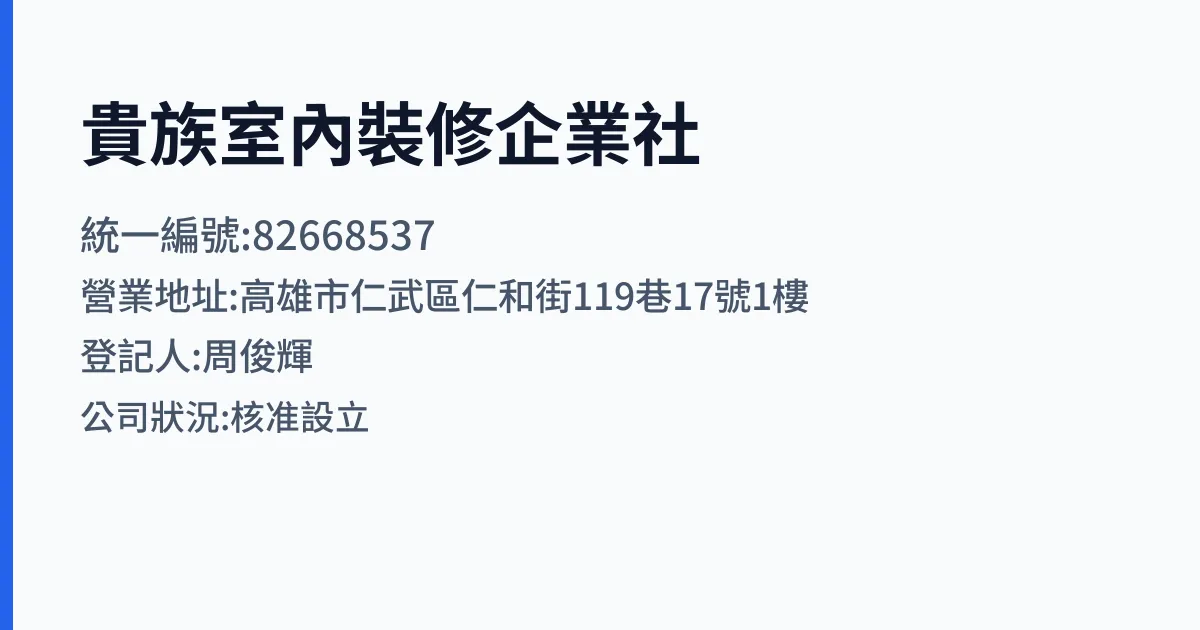 貴族室內裝修企業社 - 統編 82668537(高雄市) 公司登記資料與營業項目詳細圖表
