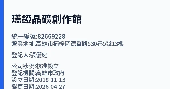 瓂錏晶礦創作館的照片-統編 82669228(高雄市) 公司登記資料與營業項目詳細圖表