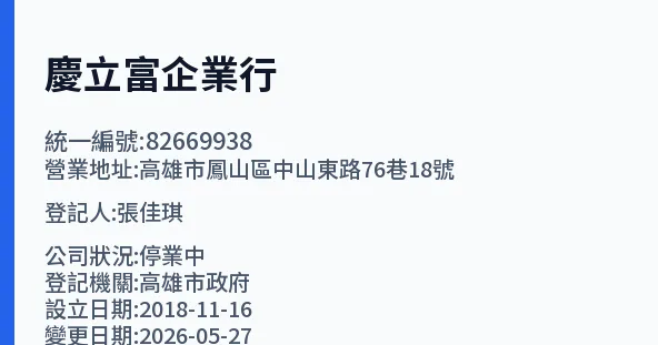 慶立富企業行的照片-統編 82669938(高雄市) 公司登記資料與營業項目詳細圖表