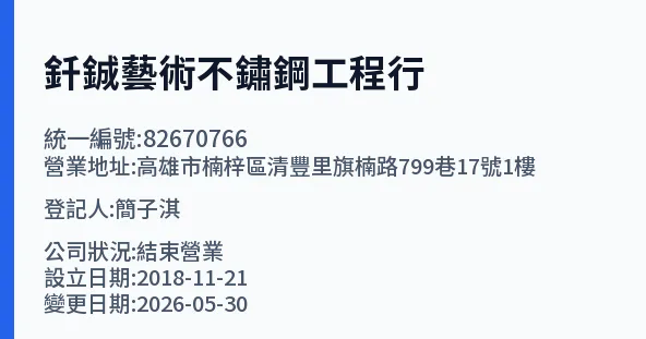 釺鋮藝術不鏽鋼工程行的照片-統編 82670766(高雄市) 公司登記資料與營業項目詳細圖表
