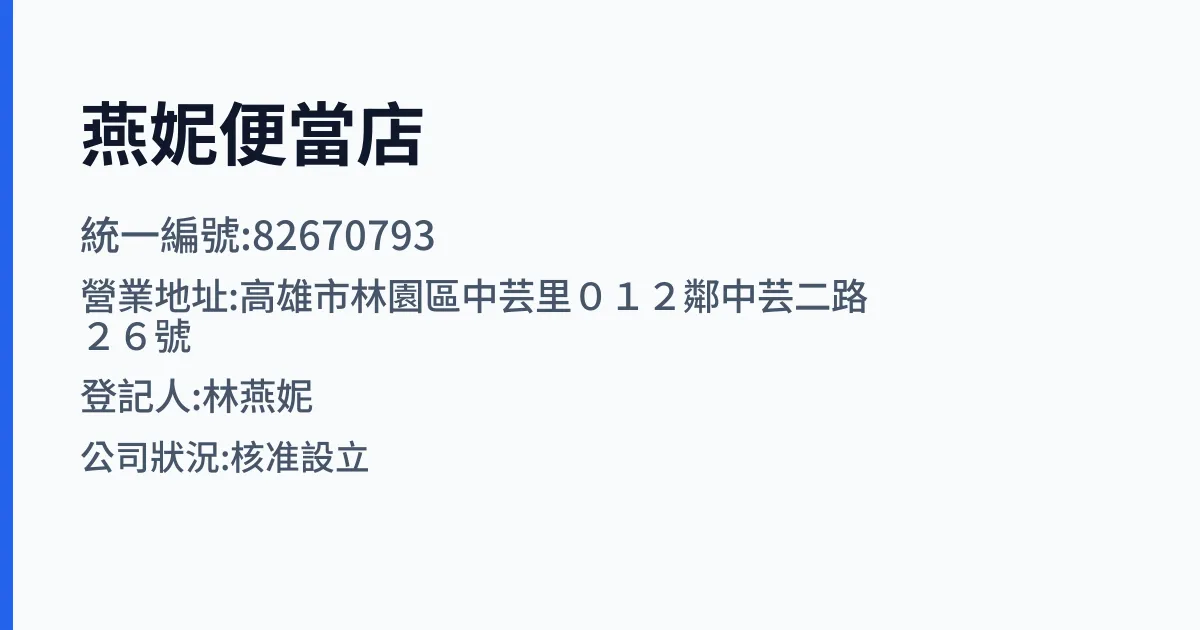 燕妮便當店 - 統編 82670793(高雄市) 公司登記資料與營業項目詳細圖表