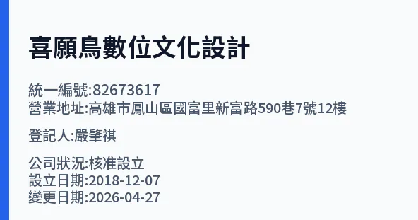 喜願鳥數位文化設計的照片-統編 82673617(高雄市) 公司登記資料與營業項目詳細圖表