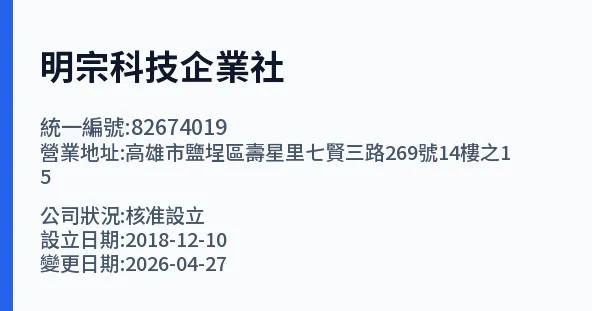 明宗科技企業社的照片-統編 82674019(高雄市) 公司登記資料與營業項目詳細圖表