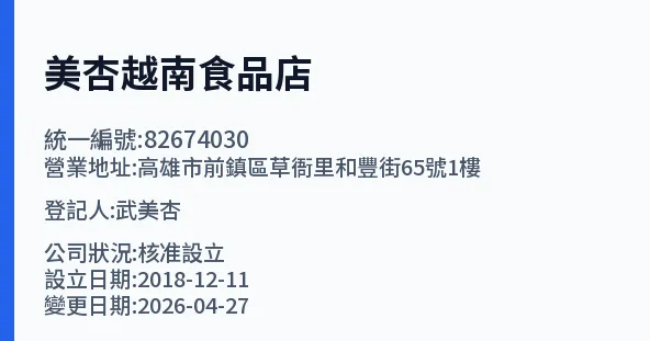 美杏越南食品店的照片-統編 82674030(高雄市) 公司登記資料與營業項目詳細圖表