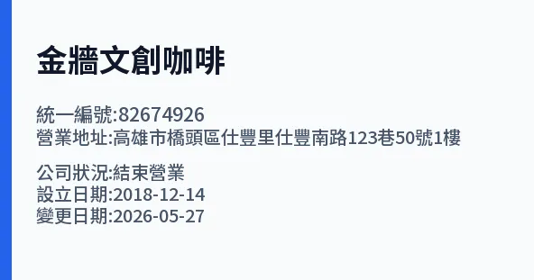 金牆文創咖啡的照片-統編 82674926(高雄市) 公司登記資料與營業項目詳細圖表