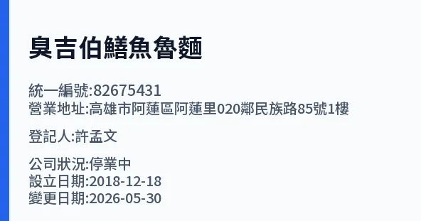 臭吉伯鱔魚魯麵的照片-統編 82675431(高雄市) 公司登記資料與營業項目詳細圖表