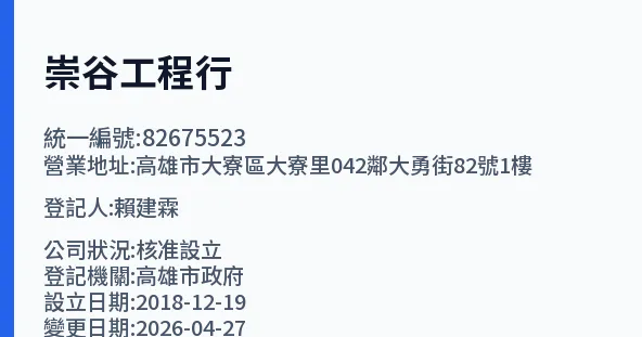 崇谷工程行的照片-統編 82675523(高雄市) 公司登記資料與營業項目詳細圖表