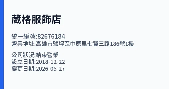 葳格服飾店的照片-統編 82676184(高雄市) 公司登記資料與營業項目詳細圖表
