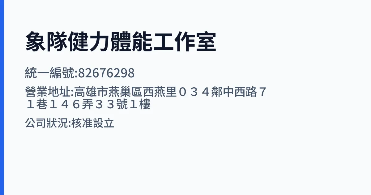 象隊健力體能工作室 - 統編 82676298(高雄市) 公司登記資料與營業項目詳細圖表