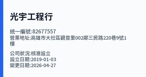 光宇工程行的照片-統編 82677557(高雄市) 公司登記資料與營業項目詳細圖表