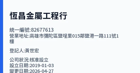 恆昌金屬工程行的照片-統編 82677613(高雄市) 公司登記資料與營業項目詳細圖表