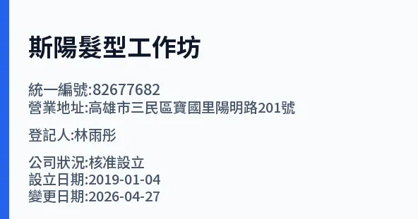 斯陽髮型工作坊的照片-統編 82677682(高雄市) 公司登記資料與營業項目詳細圖表