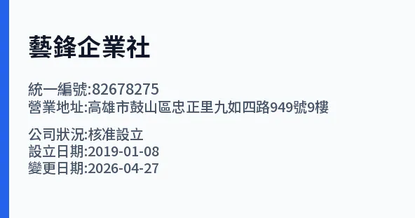 藝鋒企業社的照片-統編 82678275(高雄市) 公司登記資料與營業項目詳細圖表