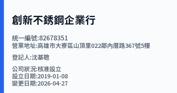 創新不銹鋼企業行的照片-統編 82678351(高雄市) 公司登記資料與營業項目詳細圖表