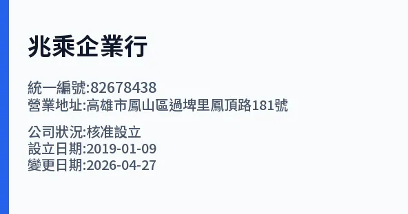 兆乘企業行的照片-統編 82678438(高雄市) 公司登記資料與營業項目詳細圖表