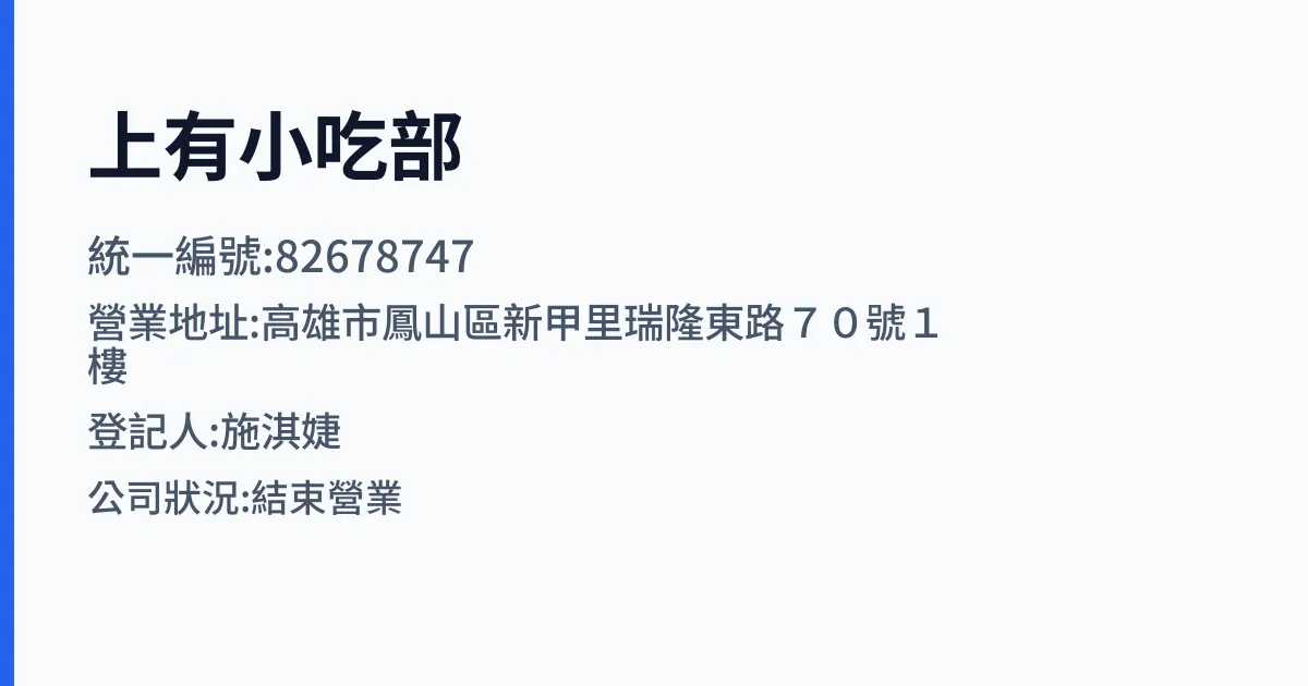 上有小吃部 - 統編 82678747(高雄市) 公司登記資料與營業項目詳細圖表