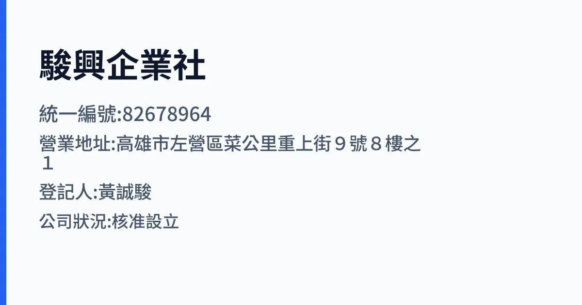 駿興企業社 - 統編 82678964(高雄市) 公司登記資料與營業項目詳細圖表