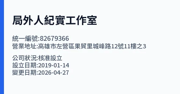 局外人紀實工作室的照片-統編 82679366(高雄市) 公司登記資料與營業項目詳細圖表