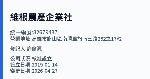 維根農產企業社的照片-統編 82679437(高雄市) 公司登記資料與營業項目詳細圖表