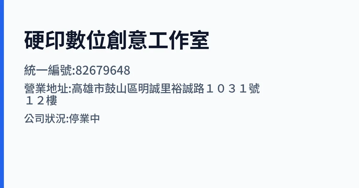 硬印數位創意工作室 - 統編 82679648(高雄市) 公司登記資料與營業項目詳細圖表