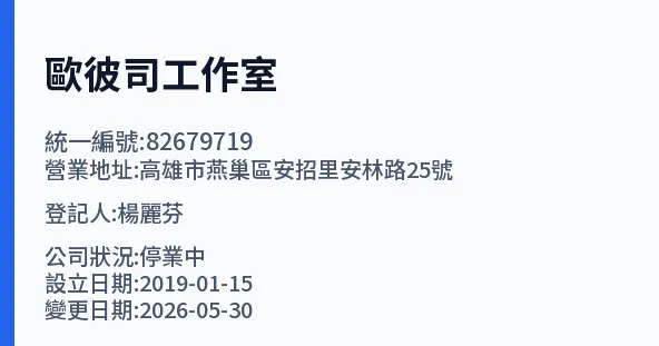 歐彼司工作室的照片-統編 82679719(高雄市) 公司登記資料與營業項目詳細圖表