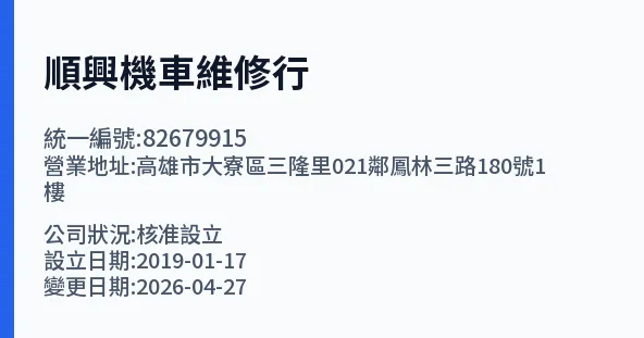 順興機車維修行的照片-統編 82679915(高雄市) 公司登記資料與營業項目詳細圖表