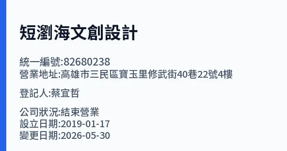 短瀏海文創設計的照片-統編 82680238(高雄市) 公司登記資料與營業項目詳細圖表