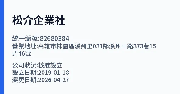 松介企業社的照片-統編 82680384(高雄市) 公司登記資料與營業項目詳細圖表