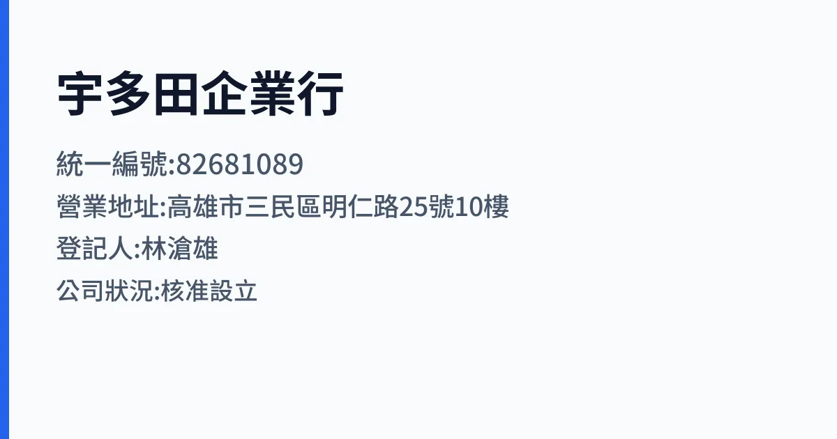 宇多田企業行 - 統編 82681089(高雄市) 公司登記資料與營業項目詳細圖表