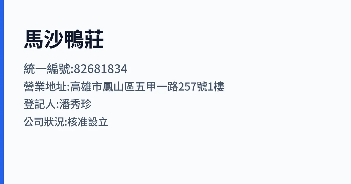 馬沙鴨莊 - 統編 82681834(高雄市) 公司登記資料與營業項目詳細圖表