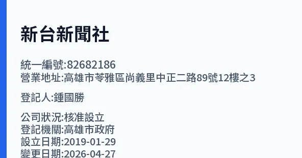 新台新聞社的照片-統編 82682186(高雄市) 公司登記資料與營業項目詳細圖表
