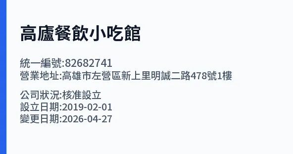 高廬餐飲小吃館的照片-統編 82682741(高雄市) 公司登記資料與營業項目詳細圖表