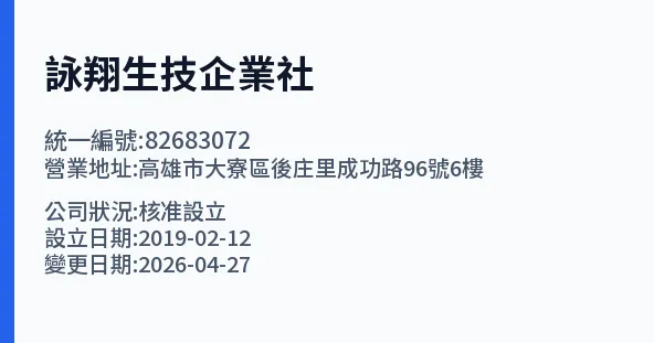 詠翔生技企業社的照片-統編 82683072(高雄市) 公司登記資料與營業項目詳細圖表